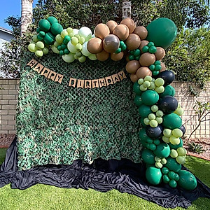 Camouflage Balloon Garland Arch Kit for Army Party Decorations,142Pcs Camo Balloons Dark Green Black Brown Balloons with Palm Leaves for Military Camo Birthday Party Hunting Camping Game Jungle Themed