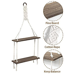 Sonefreiy Rustic Hanging Shelves 2 Tier White Rope Brown Wood Floating Shelf Window Plant Shelves for Bathroom Bedroom Living Room