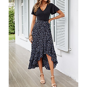 BTFBM Womens Maxi Summer Dresses 2025 Short Sleeve V Neck Boho Floral Print Belted High Low Ruffle Party Cocktail Dress(Floral Black Blue, X-Large)