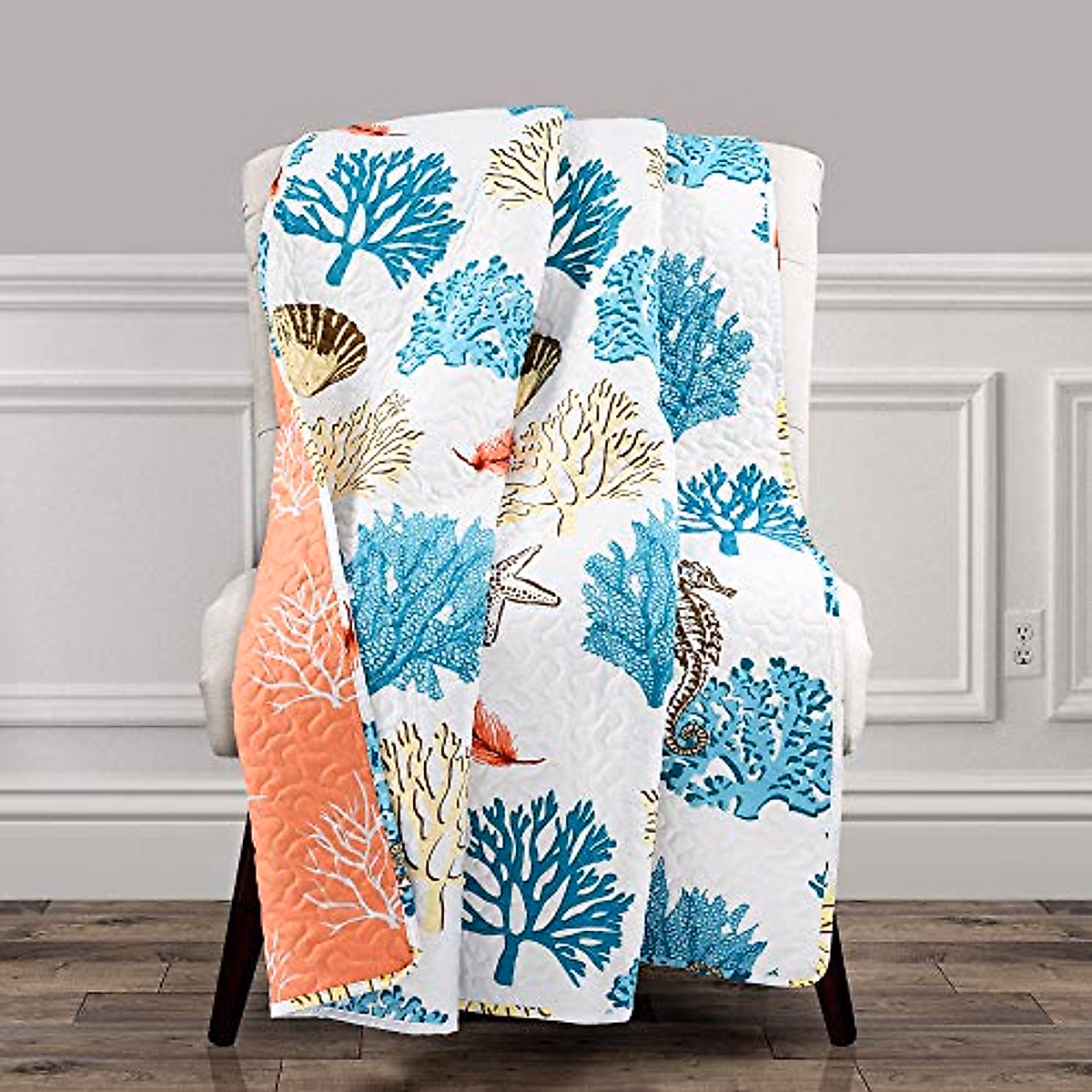 Lush Decor, Blue and Coral Coastal Reef Feather Throw Blanket, 60" x 50", 60" x 50