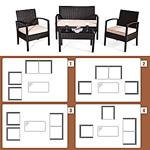 RELAX4LIFE 4 Piece Patio Furniture Set, Wicker Conversation Set w/Removable Seat Cushions, Rattan Chairs & Loveseat & Glass Coffee Table, Outdoor Furniture Set for Garden Balcony Poolside (1)