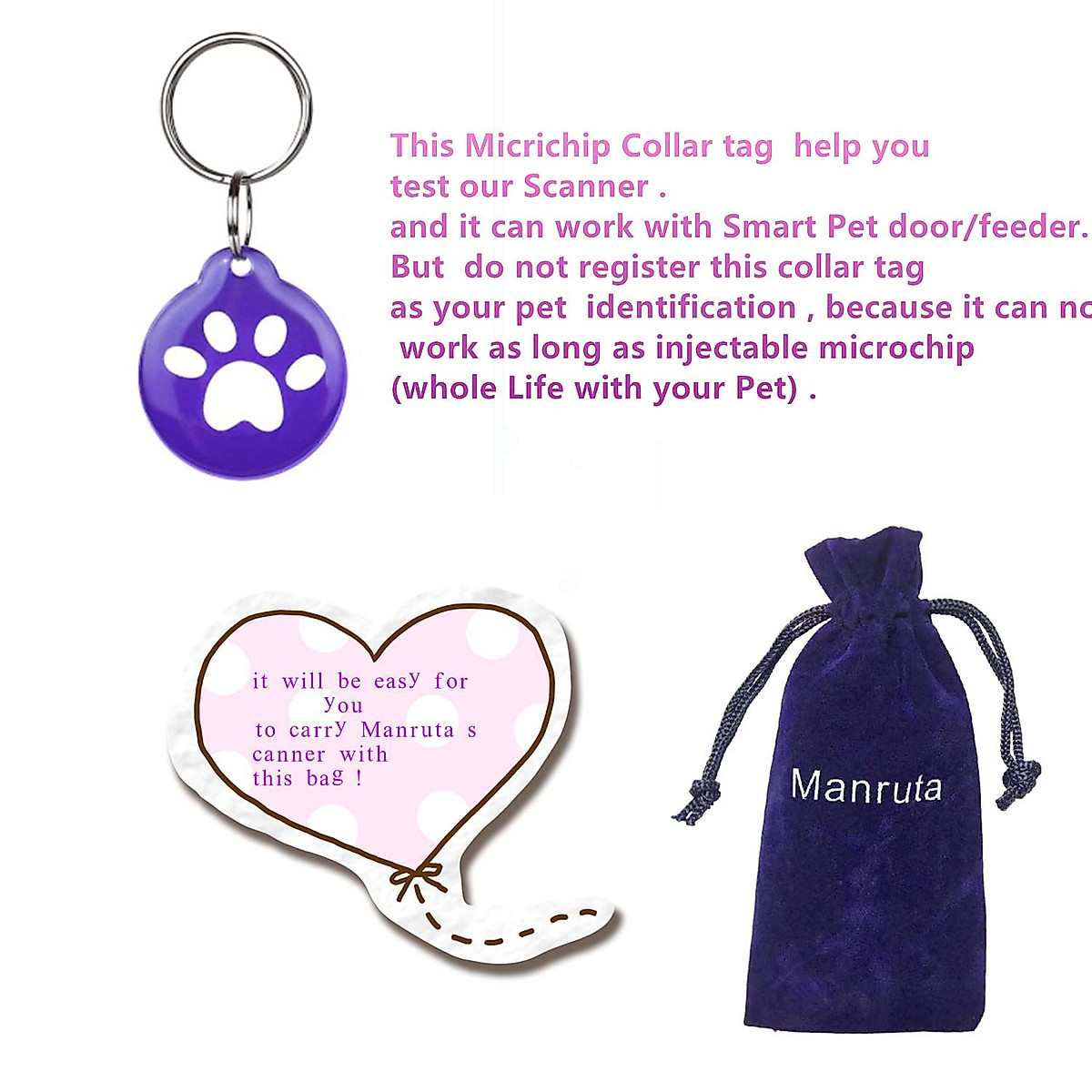 Manruta Pet ID Microchip Scanner and Reader Portable for Dogs and Cats ,134.2khz FDX-B ISO 11784/11785 with Microchip Collar Tag Gift