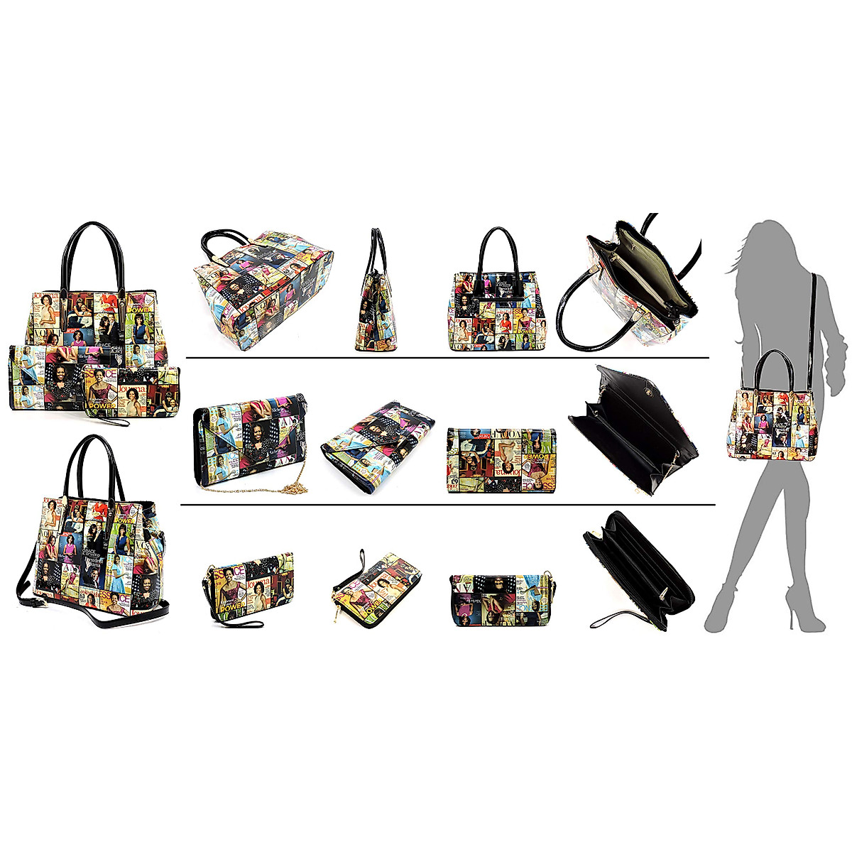 JUNZUP Glossy Magazine Cover Collage Michelle Obama Printed Satchel Bag + Envelope Clutch + Wallet 3pcs Set (Grey/Bk)