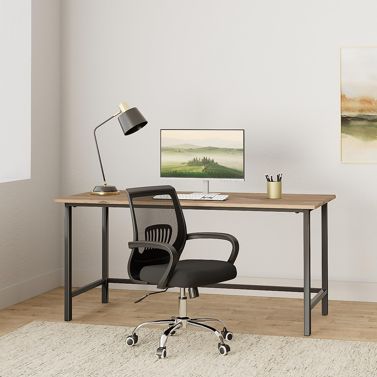 Black Office Desk Chairs with Lumbar Support, armrests Black Mesh Ergonomic Computer Chair can Lift and 360°Swivel, Made of Silver Aluminum Legs