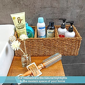 3 Compartment Storage Baskets for Organizing, Seagrass Toilet Paper Small Basket, Large Seagrass Storage Baskets for Shelves, Set of Hand-Woven Natural Wicker Storage Basket - 3 pack