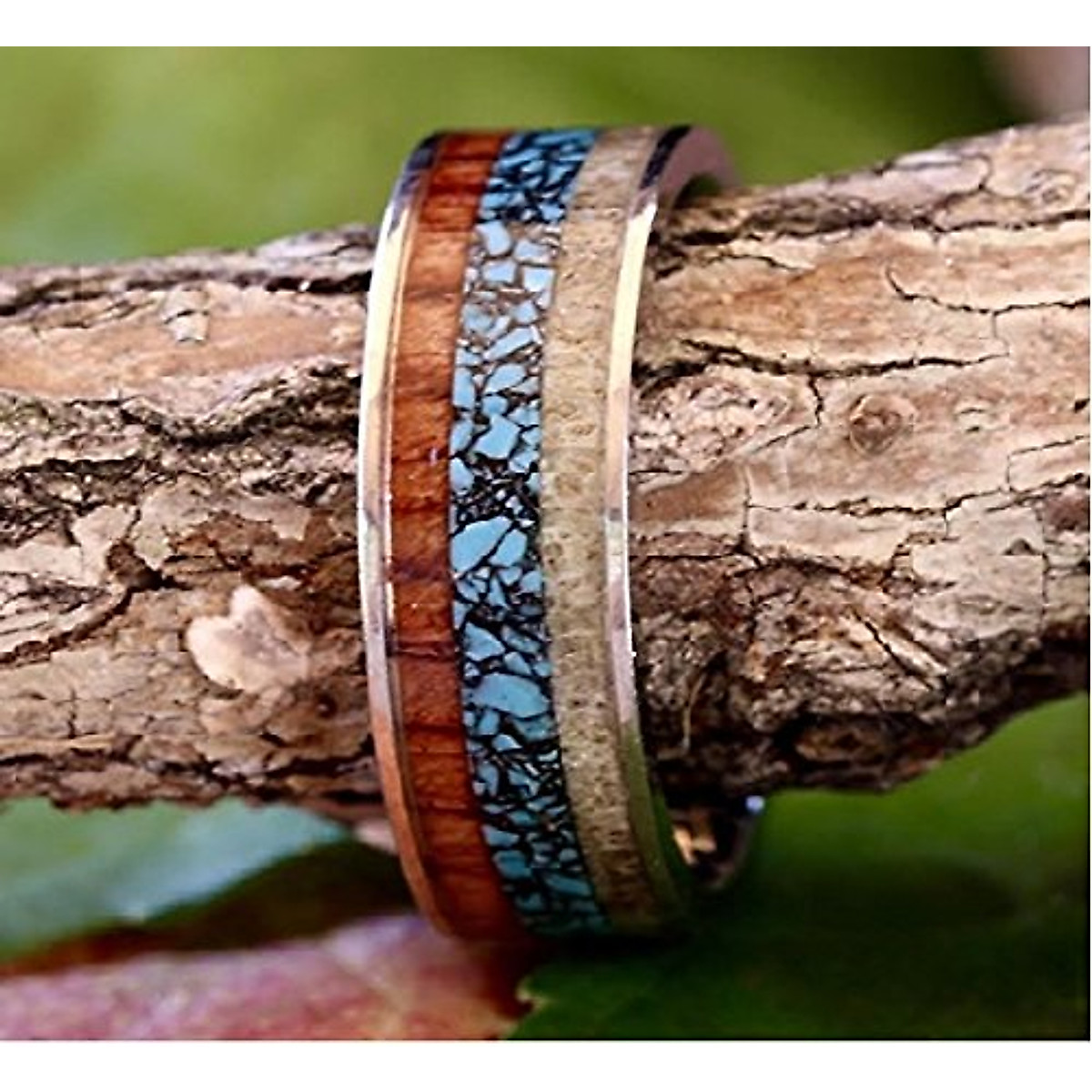 2 pc Wedding Rings Set Deer Antler Turquoise Koa Wood Stainless Steel Sterling Silver Engagement Rings (10)