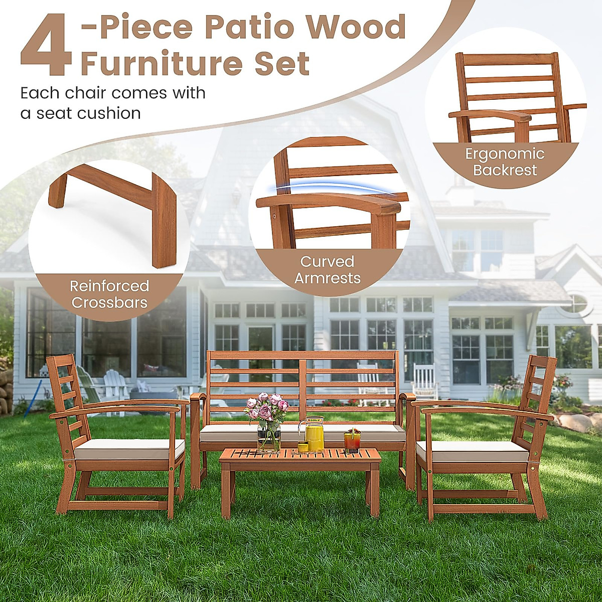 Tangkula 4 Pieces Outdoor Furniture Set, Acacia Wood Conversation Set w/Soft Seat Cushions, Stable Acacia Wood Frame, Patio Sofa & Coffee Table Set for Backyard, Porch, Poolside (White)