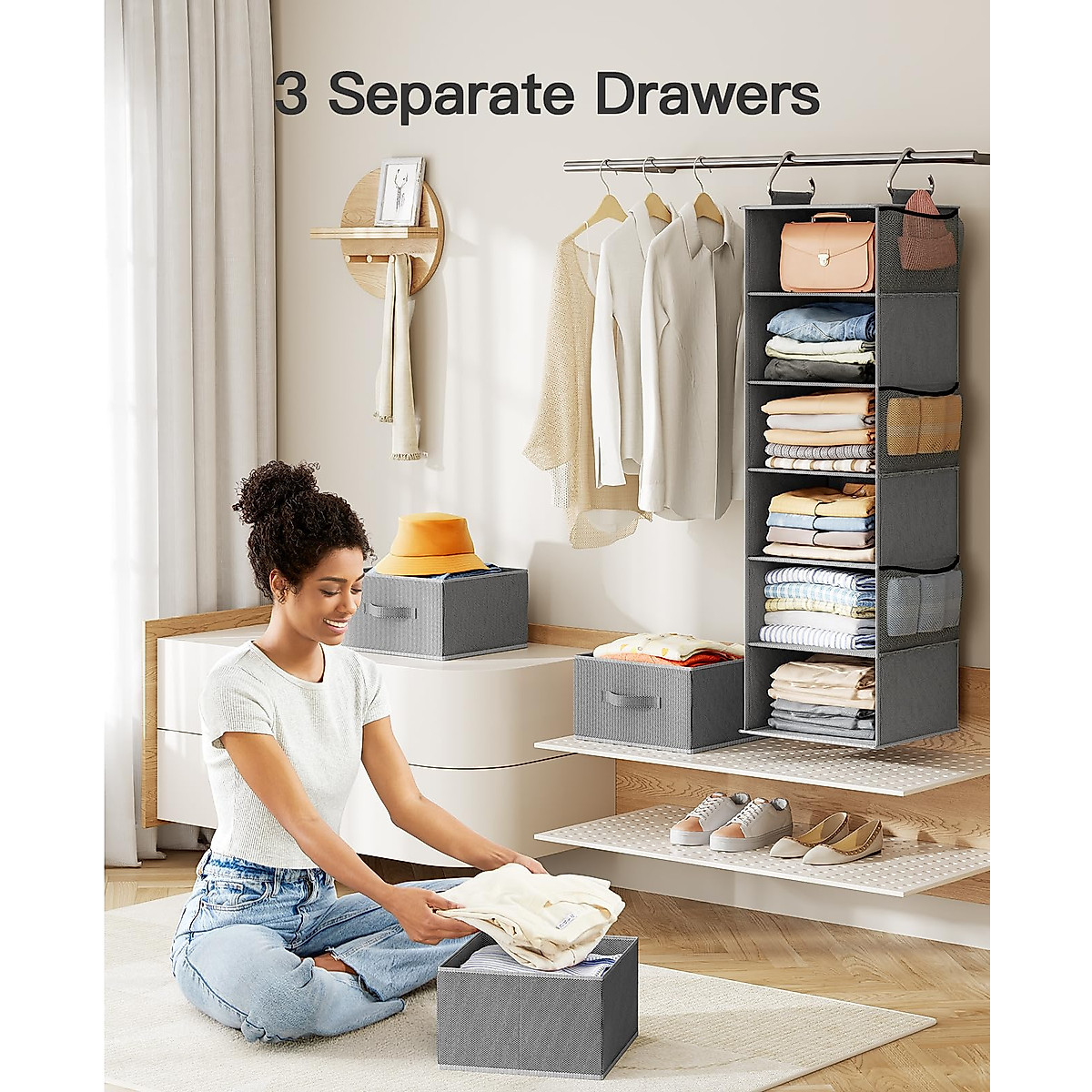 Pipishell Hanging Closet Organizer 6-Shelf, Hanging Shelves for Closet with 3 Removable Drawers & Side Pockets, Hanging Shelf Organizer for Bedroom or Garment Rack, 12'' x 12'' x 43.3'', Dark Gray