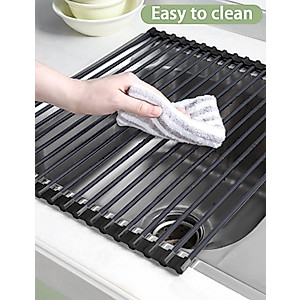 VICEAXY Roll-Up Dish Drying Rack 17” x 13”, Stainless Steel with Silicone Wrapped Drainer Rack, Foldable Sink Rack Mat for Kitchen Dishes, Cups, Fruits, Vegetables (M, Black)