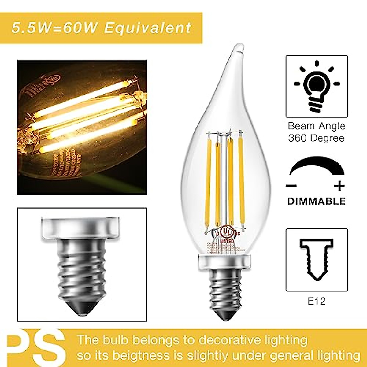DAYBETTER E12 Candelabra Light Bulbs 60 Watt Equivalent, Dimmable LED Light Bulb Daylight White 5000K, Clear Filament Chandelier Light Bulbs 5.5W 600lm CA11 LED Bulbs, Ceiling Fan Light Bulbs, 5 Pack