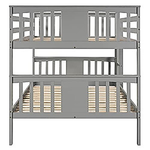 Dividable Full Over Full Bunk Bed with Ladder for Kids, Teens, Adults, No Box Spring Required Solid Wooden Bedframe w/Full-Length Guardrail, Bedroom, Guest Room Furniture, Gray