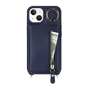 DEYHU iPhone 13 Mini Case with Card Holder for Women, iPhone 13 Mini Phone Case Wallet with Strap Credit Card Slots Crossbody with Kickstand Zipper Case for iPhone13mini - Blue