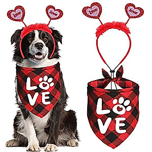 JOTFA Valentine's Day Dog Bandana Costumes, Valentines Love Headband Buffalo Plaid Dog Valentines Bandanas for Small Medium Large Dogs