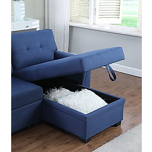 OPTOUGH L Shape Reversible Sectional Sofa Couch Pull Out Sleeper Bed with Storage Chaise for for Apartment, Living Room, Blue Linen
