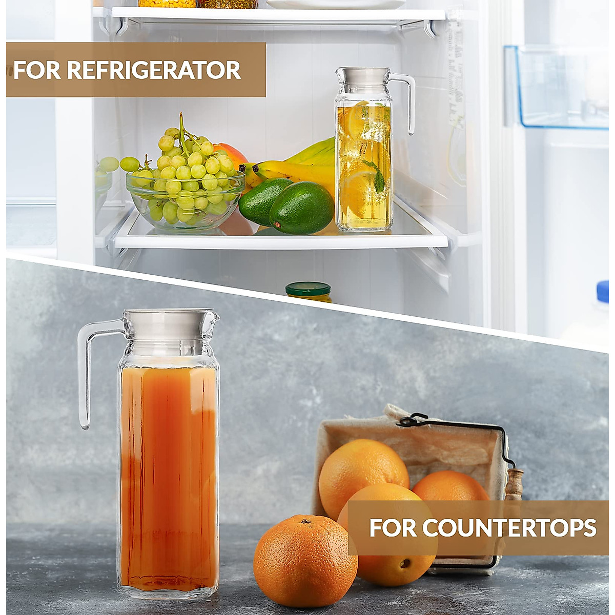 Glass Pitcher with Lid – Set of 2 34Oz Glass Water Pitcher – Cold Water Carafe For Ice Tea, Lemonade, Coffee – Elegant and Modern – Practical Spout Pitchers for Drinks