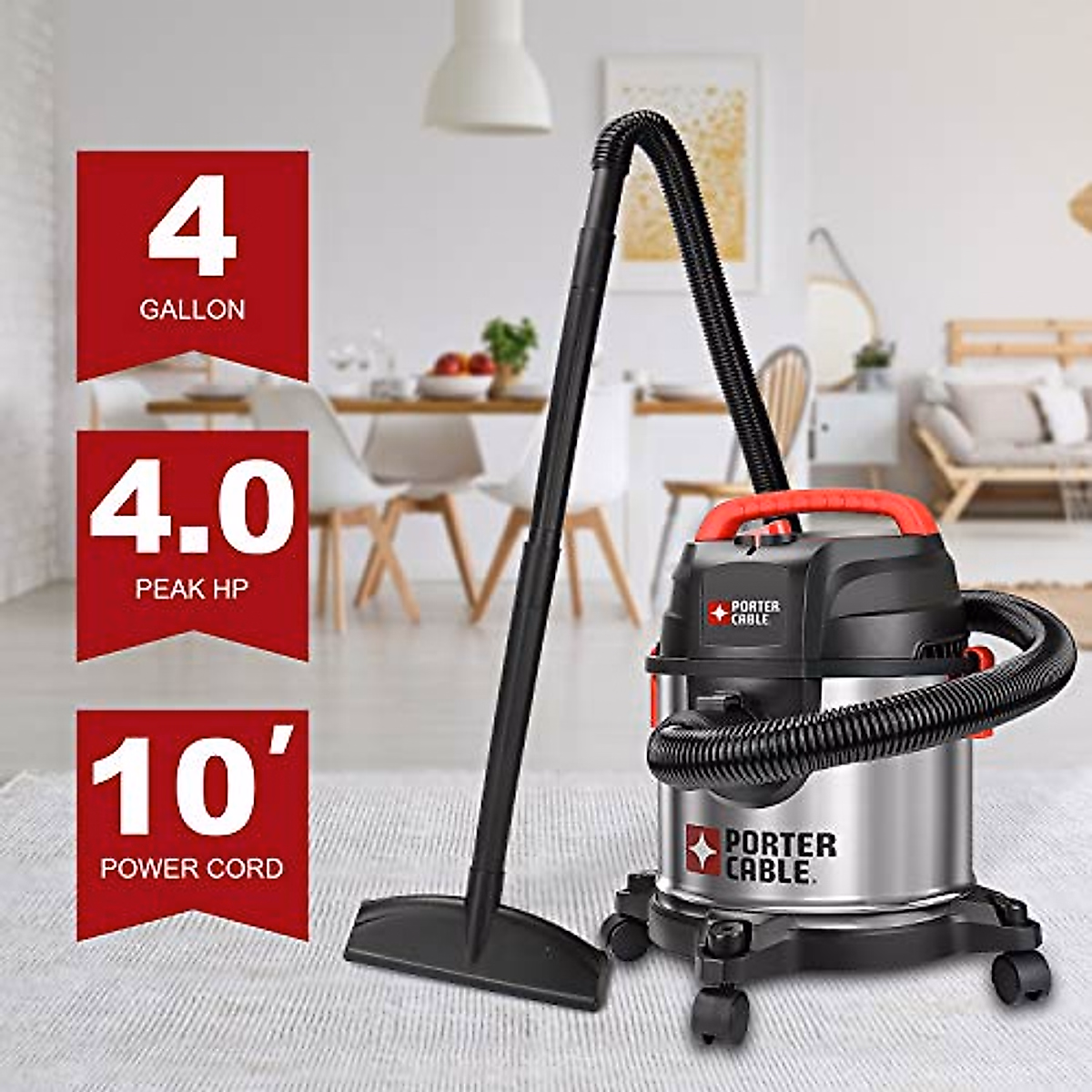 PORTER-CABLE Wet/Dry Vacuum 4 Gallon 4HP Stainless Steel Light Weight Portable, 3 in 1 Function with Attachments, Silver+Red