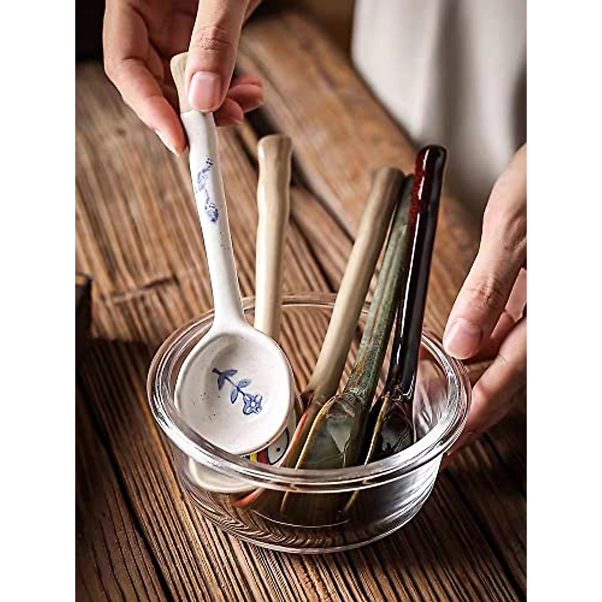 YUURAIN VUVU Japanese Large Spoon, Handmade Long Handle Asian Spoons, Retro Ceramic Spoons, Ramen Spoons, Pho Spoons, Large Soup Spoons with Cute Hand-Painted Pattern, Hand-Kneaded (2 Pieces) - D