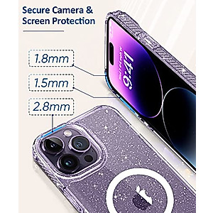 MIODIK Magnetic Glitter Case for iPhone 14 Pro with Screen Protector + Camera Protector, [Compatible with MagSafe] [Non-Yellowing] Shockproof Protective Slim Women Bumper Phone Cover 6.1" (Clear)