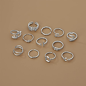 ABDOT 12PCS Adjustable Stackable Thumb Open Rings Set for Women Silver Plated Knuckle Stacking Rings Set Boho Vintage Finger Rings S