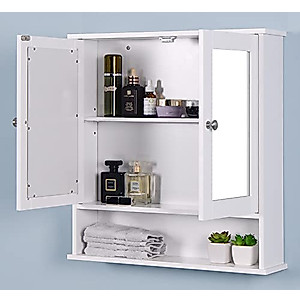 Bathroom Medicine Cabinet Wall Mounted with Double Mirror Doors, Wooden Hanging Bathroom Cabinet with Doors and Shelves, Bathroom Wall Mirror Cabinet, Multipurpose Wall Mounted Storage Cabinet, White
