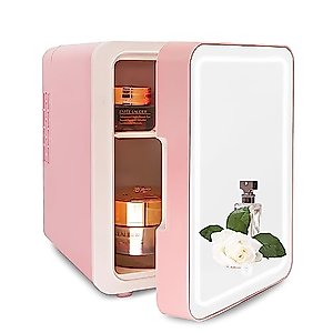 VNIMTI Mini Skincare Fridge 4 Liter/6 Cans, Portable Cosmetic Fridges with Makeup Mirror, Cooler & Warmer, AC & DC, Small Refrigerator for Bedroom, Car, Office, Outdoor (Pink - 4L)