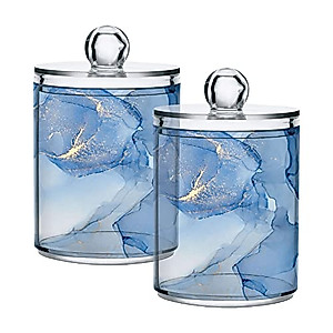 2 Pack Qtip Holder Organizer Dispenser Blue Marble Ink Modern Fluid Art Bathroom Storage Canister Cotton Ball Holder Bathroom Containers for Cotton Swabs/Pads/Floss