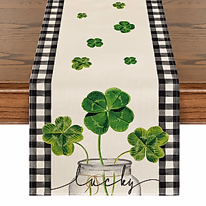 Artoid Mode Lucky Shamrock Vase St. Patrick's Day Table Runner, Seasonal Spring Buffalo Plaid Holiday Kitchen Dining Table Decoration for Indoor Outdoor Home Party Decor 13 x 72 Inch