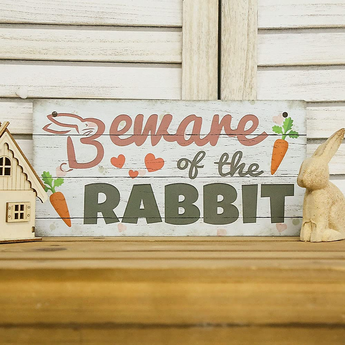 Putuo Decor Rabbit Sign, Outdoor Funny Bunny Decor, Decorative Garden Sign for Porch, Patio, 10x5 Inches Hanging Plaque - Beware of The Rabbit