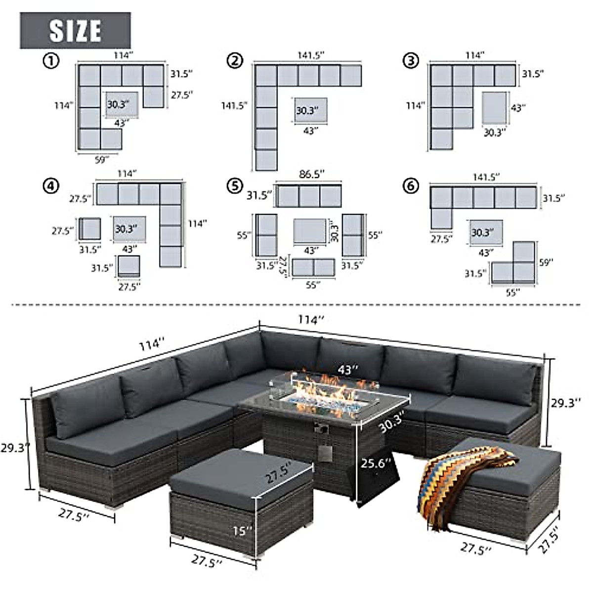 NICESOUL® Large Size PE Rattan 10 Seats Patio Furniture Sectional Sofa Sets with Fire Pit Table Gray Outdoor Wicker Conversation Sets Modern Luxury