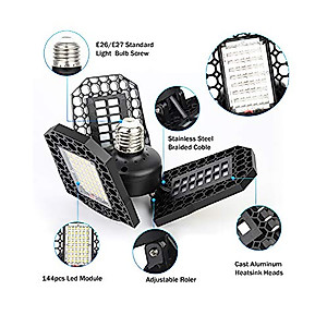 Gyrategirl LED Garage Light, 80W Garage Light 8000LM Deformable Led Shop Lights with 3 Adjustable Wings, Folding Garage Lights Shop Lighting, E26/E27 Panel Lights for Garage/Warehouse/Basement