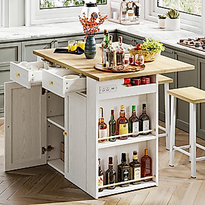 IRONCK Kitchen Island with Storage, with 2 Stools, Ample Storage Space with Power Strip, Large Countertop with Drop-Leaf Design, 2-Door Cabinet and 5 Open Side Racks/2 Utility Drawers, White