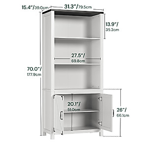 SunsGrove Farmhouse Bookcase with Doors, 5 Tier Large Bookshelf with Storage, Adjustable Shelves & Barn Doors, White 70" Tall Bookshelf for Home Office, Living Room