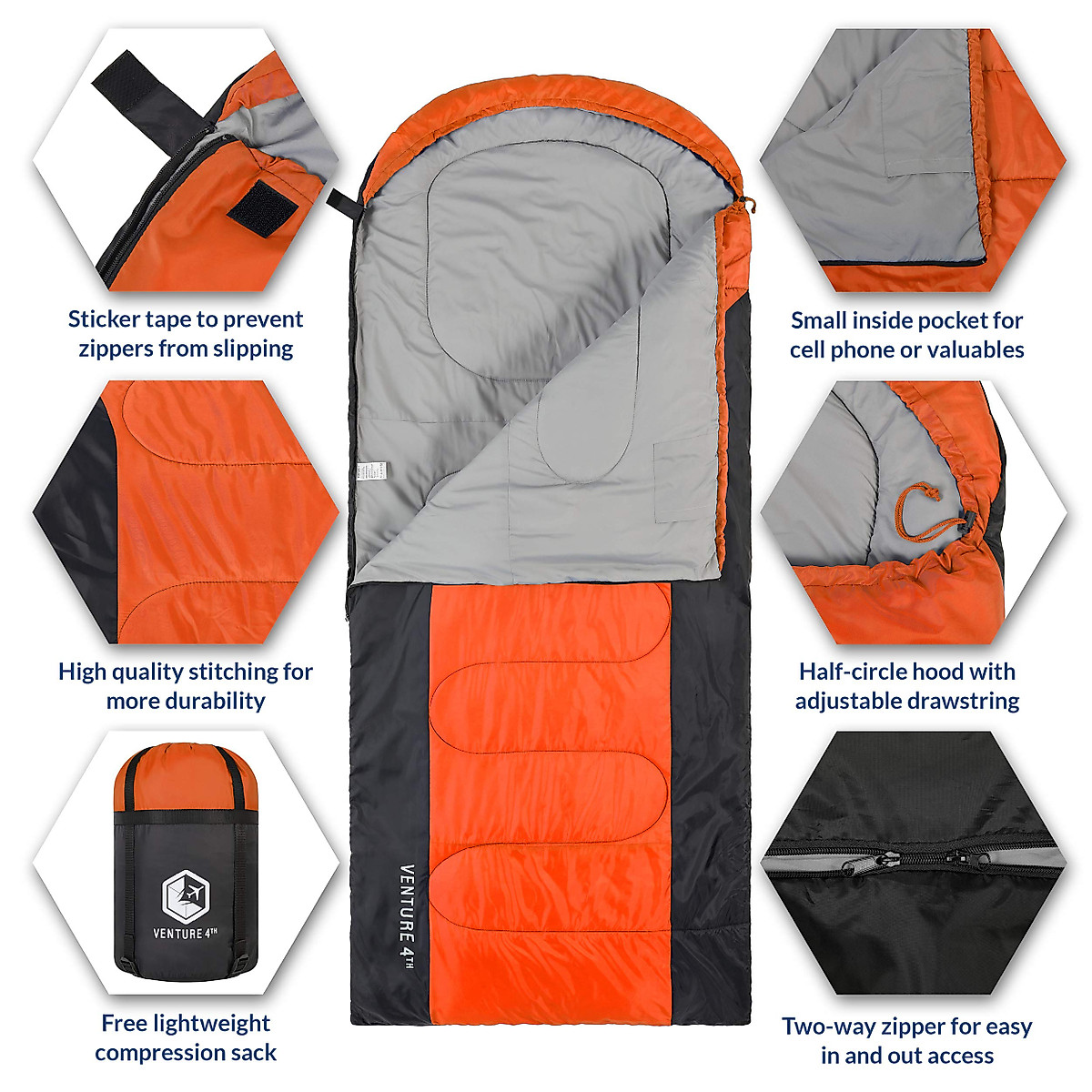 VENTURE 4TH 3-Season XL Backpacking Sleeping Bag, Camping Sleeping Bags for Adults & Kids - Lightweight, Comfortable, Water Resistant, Ideal for Hiking, Camping & Outdoor – Orange/Gray