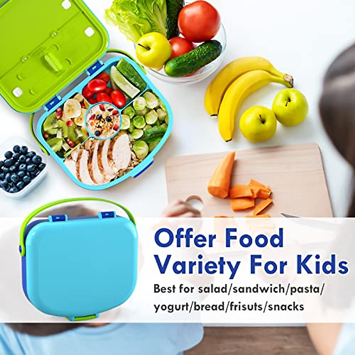 Lehoo Castle Bento Lunch Box for Kids, Large Kids Lunch Box with Cutlery＆4 Compartments＆Silicone Handle, Leak-proof Portable 1.3L Lunchbox Bento for Kids BPA-free Easy Opened (Blue)