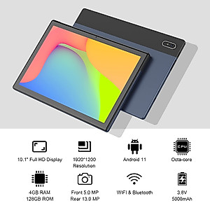 Android Tablet, 10.1 inch Android 11 Tablets 4GB RAM 128GB ROM, Octa-Core Processor, FHD 1920x1200 IPS Touchscreen, 2.4G/5G WiFi, BT 5.0, 5000mAh, Stereo Speakers, Google GMS Certified Tablet PC