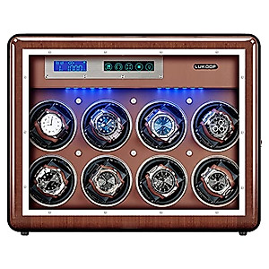 LUKDOF Walnut Watch Winder for 8 Automatic Watches Winding+ 6 Storage Slots LED Backlight Watch Display Box Touchscreen Automatic Rotation Case with Quiet Mabuchi Motors for Men and Women Gift