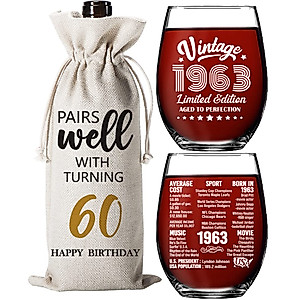 60th Birthday Gifts for Women Men -60 Year Old Birthday Decoration Gift - 60th Anniversary Party Supplies -15 Oz 1 Stemless Wine Glass And 1 Wine Bag