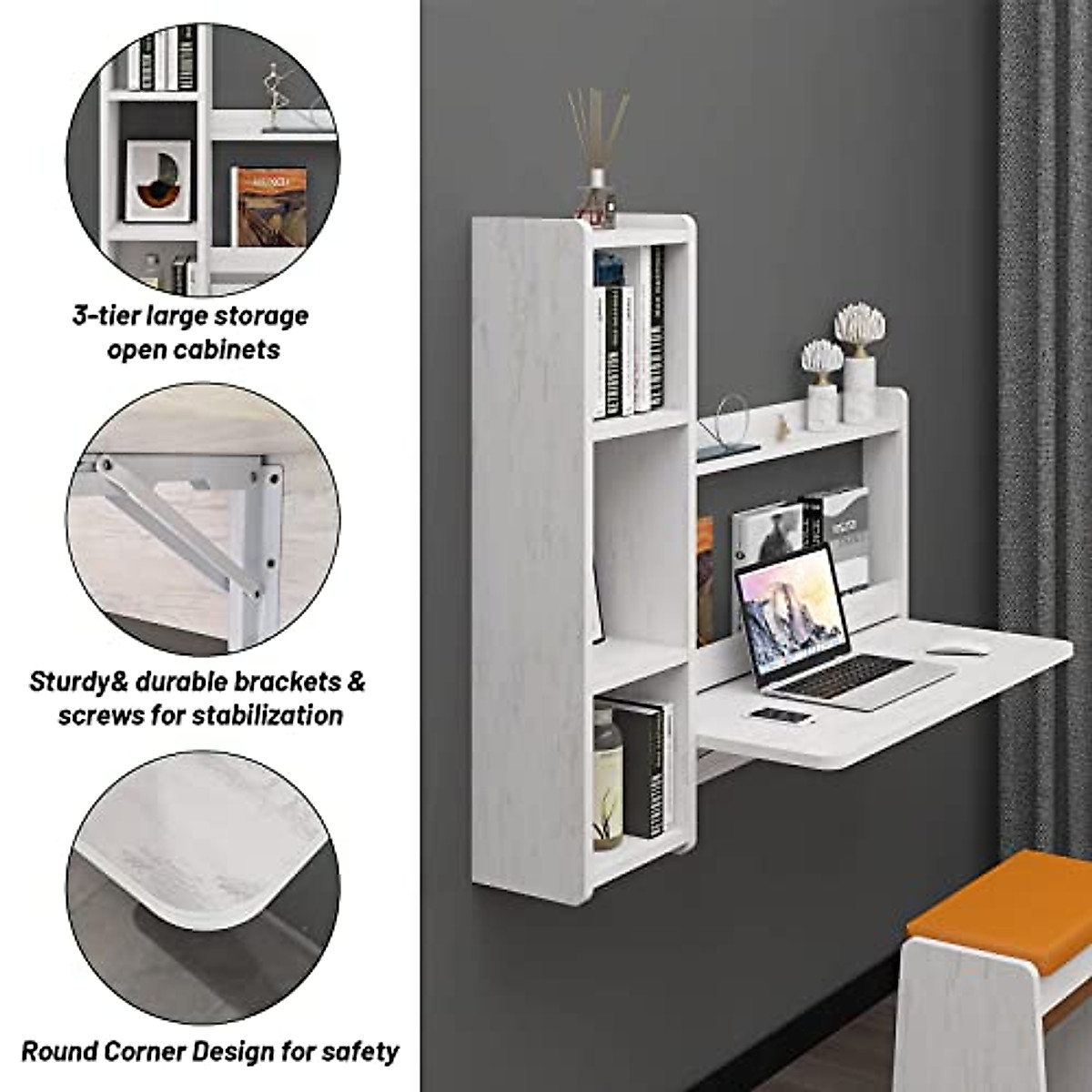 Pmnianhua Floating Desk,Wall Mounted Laptop Computer Desk Folding Wall Table Desk Workstation with Storage Shelves for Wall Bedroom Small Space (Grayish-White-Left)