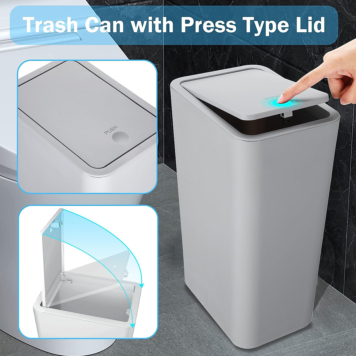 RTWDKFQ 3 Pack Bathroom Small Trash Can with Lid,10L / 2.6 Gallon Slim Garbage Bin Wastebasket with Pop-Up Lid for Bedroom, Office, Kitchen,Dorm, Fits Under Desk