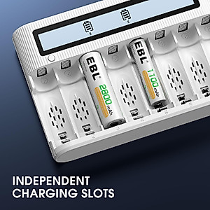 EBL AA AAA Battery Charger, Independent 8 Slots with Advanced Discharge Function, LCD Screen for 1.2V NiMH NiCD Rechargeable Batteries, Micro USB and Type C Input