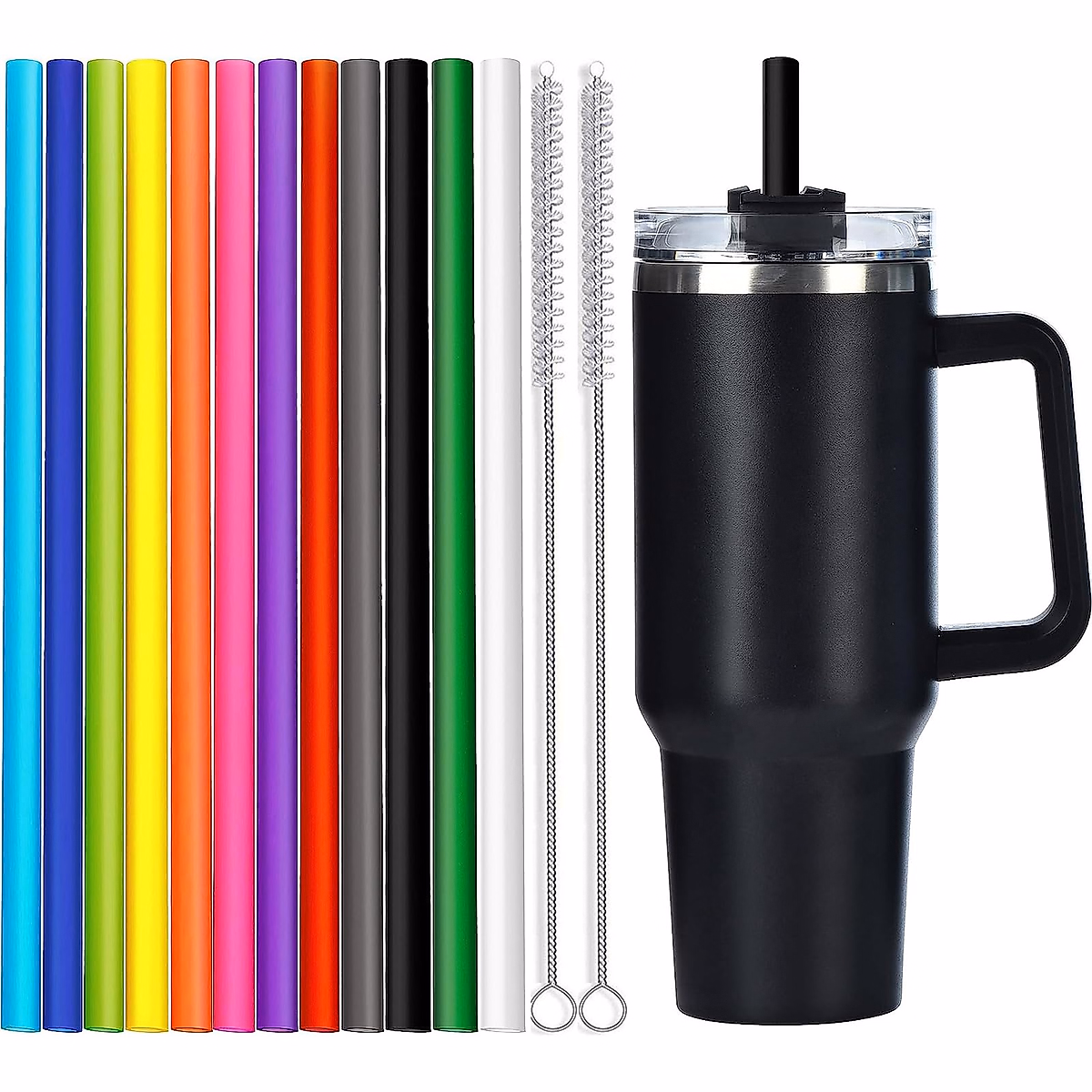 ALINK 12 Pack Color Replacement Straws for Stanley 40 oz 30 oz Tumbler, 12 in Long Reusable Plastic Straws for Stanley Cup Accessories, Half Gallon Jug, Plus 2 Brush