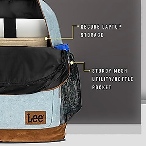 Lee Heritage Sturdy Backpack for Travel Classic Logo Water Resistant Casual Daypack for Travel with Padded Laptop Notebook Sleeve (Light Denim)