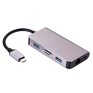 Jiali USB-C 4K Hub Converter 6 in 1 Type C USB 3.0 Hubs Type-C to 2xUSB3.0 RJ45 SD TF Card PD Charging Port Adapter Cable Converter for Laptop MacBook(Silver) (Color : Gray)