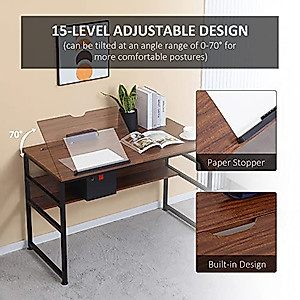 HOMCOM Drafting Table, Adjustable Drawing Desk, Multifunctional Writing Desk with 15-Level Tiltable Tabletop and Storage Shelf for Home Office, Walnut