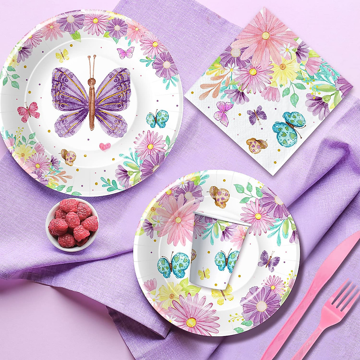 Xigejob Butterfly Party Decorations Tableware - Butterfly Birthday Party Supplies Include Plate, Cup, Napkin, Tablecloth, Cutlery, Straws, Butterfly Baby Shower Birthday Party Decorations | Serve 24