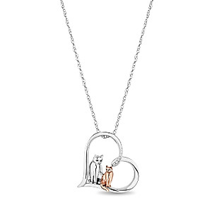 Love Will Keep Us Close Mother Child Cat Heart Necklace Pendant in Sterling Silver and 14K Rose Gold Plating with Diamonds