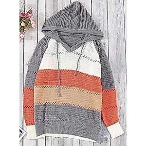 BLENCOT Women's Fall Hoodies Color Block Pullover Sweaters Warm Casual Loose Knitted Hooded Sweatshirts Tops Clothing Gray XL
