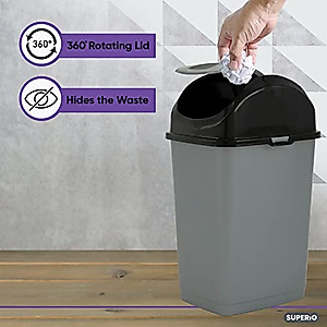 Superio Compact Slim Trash Can 4.5 Gallon With Swing Top Cover (Gray and Black) 18 Liter