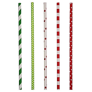 Paper Straws Decorative Drinking Straws for Christmas New Year Party Decoration, 125 Pieces, Multi Patterns, with 6 Black Stickers (Red and Green)