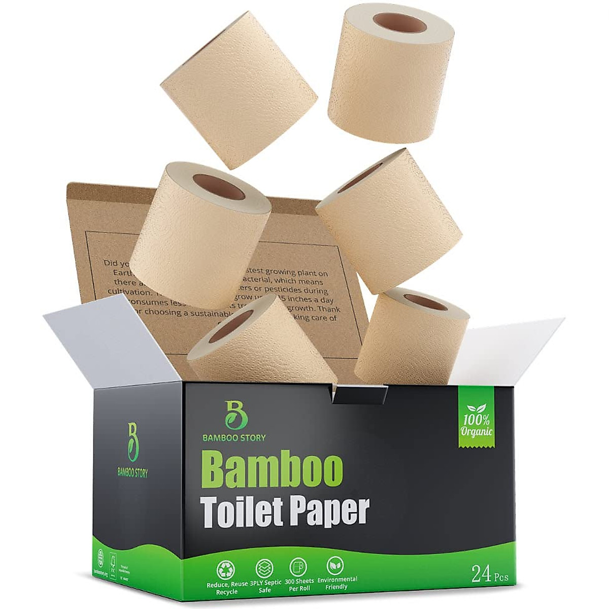 Bamboo Story Premium Bamboo Toilet Paper, PFAS Free, Chemical Free Toilet Paper, Unbleached, (24) 3PLY & 300 Sheets, FSC Certified, Organic Brown, Plant-Based, Tree-Free, Plastic Free, BPA Free (24)